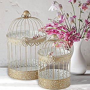WHW Whole House Worlds Hamptons Romantic Gold Bird Cages, Set of 2, Decorative, Table Top Centerpieces, Latch Top, Metal, Handmade, 11.75 and 15.75 Inches