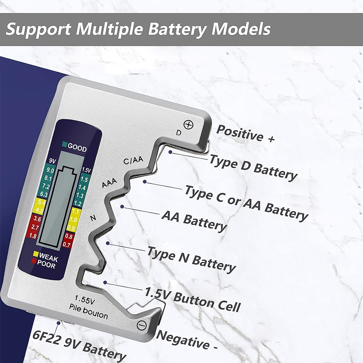 Yakamoz Universal Battery Tester Hand Held Battery Checker Household Battery Life Tester for AAA AA C D 9V 1.5V Button Cell Small Mini Batteries Power Testing