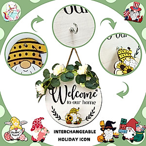 Mrocioa Welcome Sign, 14 x 14 inches, Decorative Signage with Interchangeable Gnome Icons, Seasonal Wood Wreaths Front Door Decorations, Housewarming Gift