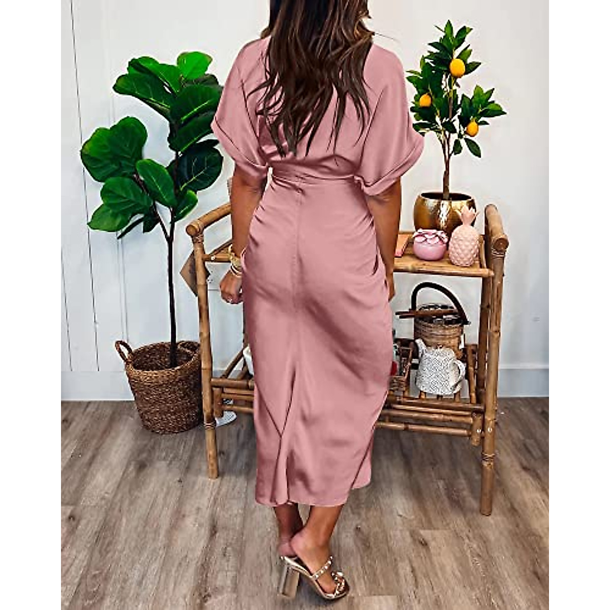 BTFBM Women 2023 Button Down Ruched Shirt Dresses Short Sleeve Lapel V Neck Elegant Party Spring Summer Maxi Satin Dress(Short Sleeve Pink, Small)