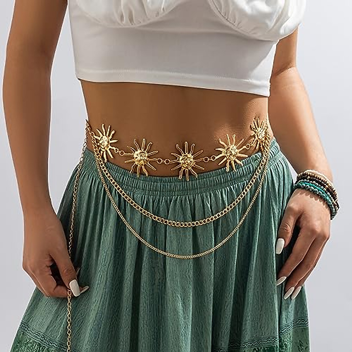 Multilayer Sun Moon Chain Belt Metal Waist Chain Belt Gold Silver Chain Belt for Women Belly Chain Belt Bohemia Body Jewelry