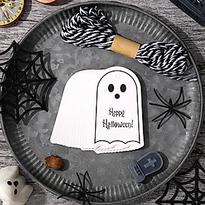 Whaline 100Pcs Happy Halloween Paper Gift Tags White Ghost Hanging Name Tags with Hemp Rope Spooky Label Tags for Trick or Treat Party Favor Decoration Supplies