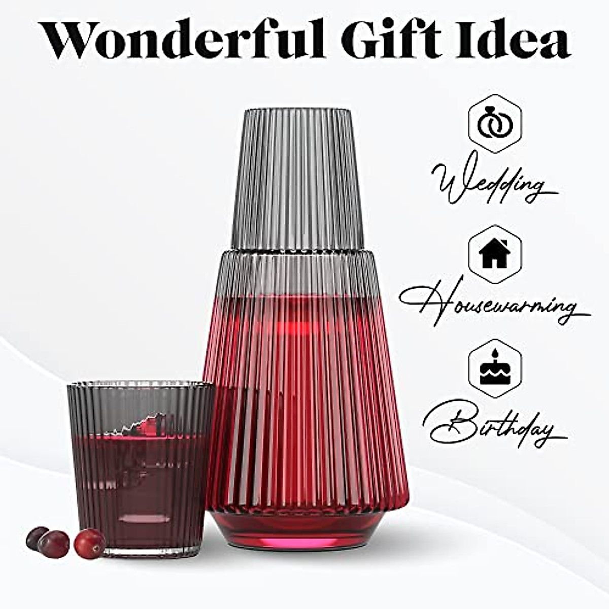 American Atelier Vintage Bedside Water Carafe with Tumbler – 37 Oz Ribbed Pitcher and Matching Drinking Glass Doubles as Lid for Guest Room, Office, or Gift, 4.5”x 9.25" (Gray)