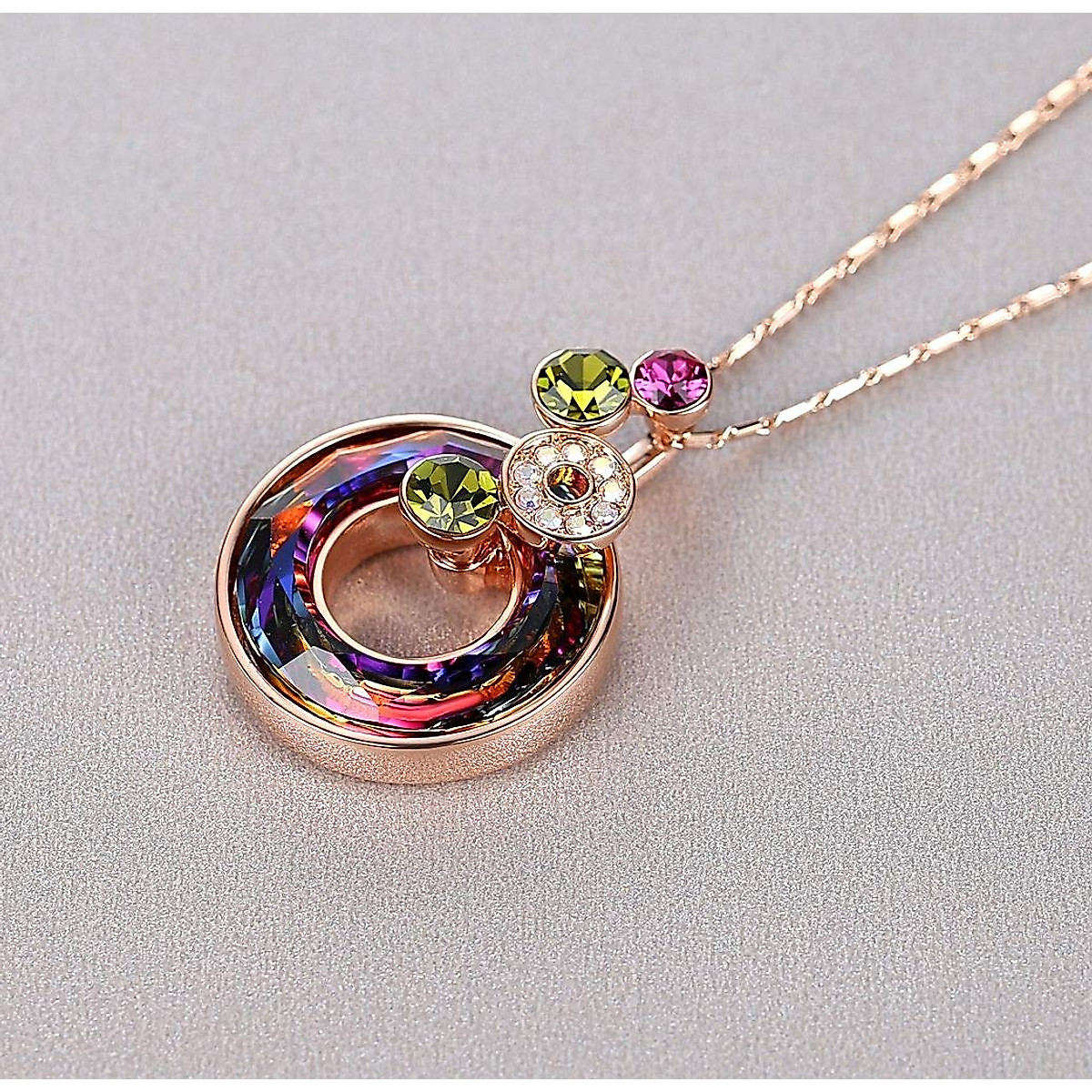 GEMMANCE Mother's Day Gifts Round Bubble Necklace Made with Austrian Crystals, Volcano Rainbow Stone, Rose Gold Plated, 18”+2”Chain