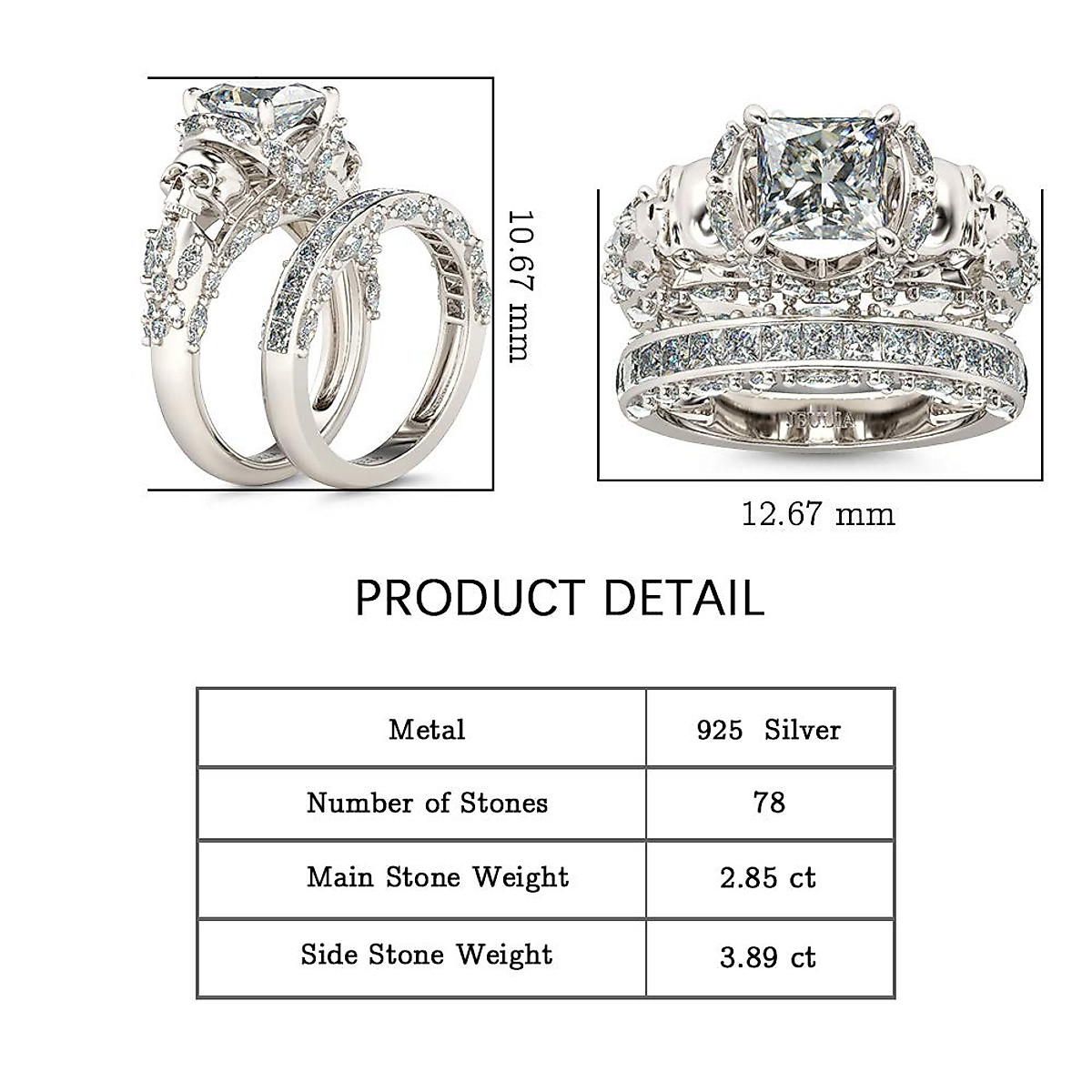 Jeulia Skull Engagement Ring Sets Sterling Silver Promise Eternity Band Rings Diamond Princess Cut with Cubic Zirconia Wedding Engagement Anniversary Promise Rings Bridal Sets (7.5(U.S))