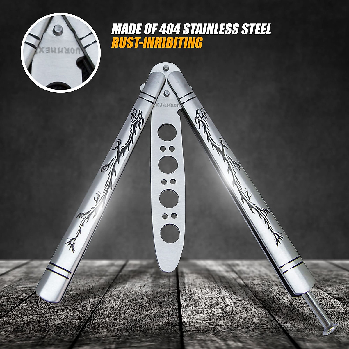 VORNNEX Practice Butterfly knife Trainer with Sure Spring Latch, Full Stainless Steel Black Dull Balisong, Unsharpened Butterfly knives Comb for CSGO Training(Silver)