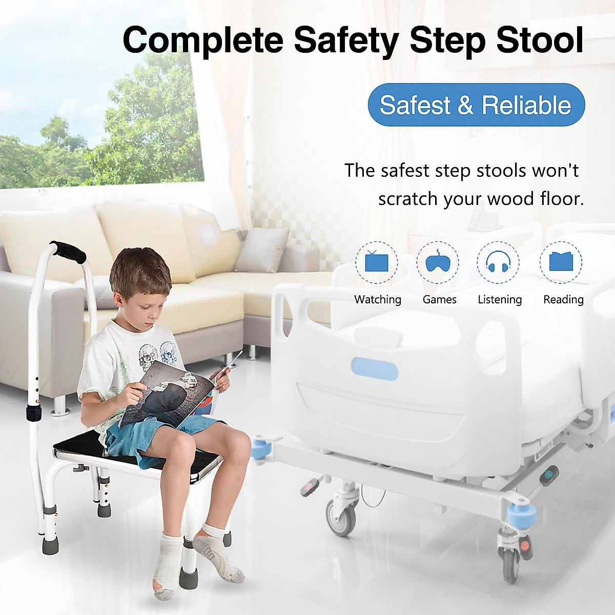 Step Stool with Handle, Adjustable Step Stool, Bed Step for High Beds for Adults, Elderly Bedside, Height Adjustable Elderly Step Stool, Padded Non-Slip Hand Grips, Heavy Duty Holds 330 Lbs