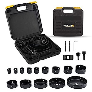 Hole Saw kit, Jellas 20PCS Hole Saw Set with 14Pcs Saw Blades, General Size 3/4" to 5", 2 Mandrels with Drill Bits, 1 Installation Plate, 1 Hex Key, 1 Storage Case, Ideal for Wood, PVC Board, Plastic
