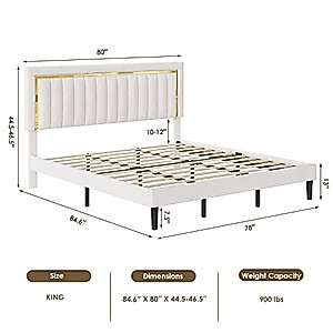 HITHOS King Size Bed Frame with Adjustable Tufted Headboard, Velvet Upholstered Platform Bed Frame with Gold Trim, Heavy Duty Mattress Foundation with Steel Frame, Easy-Assembly Slats (Beige, King)