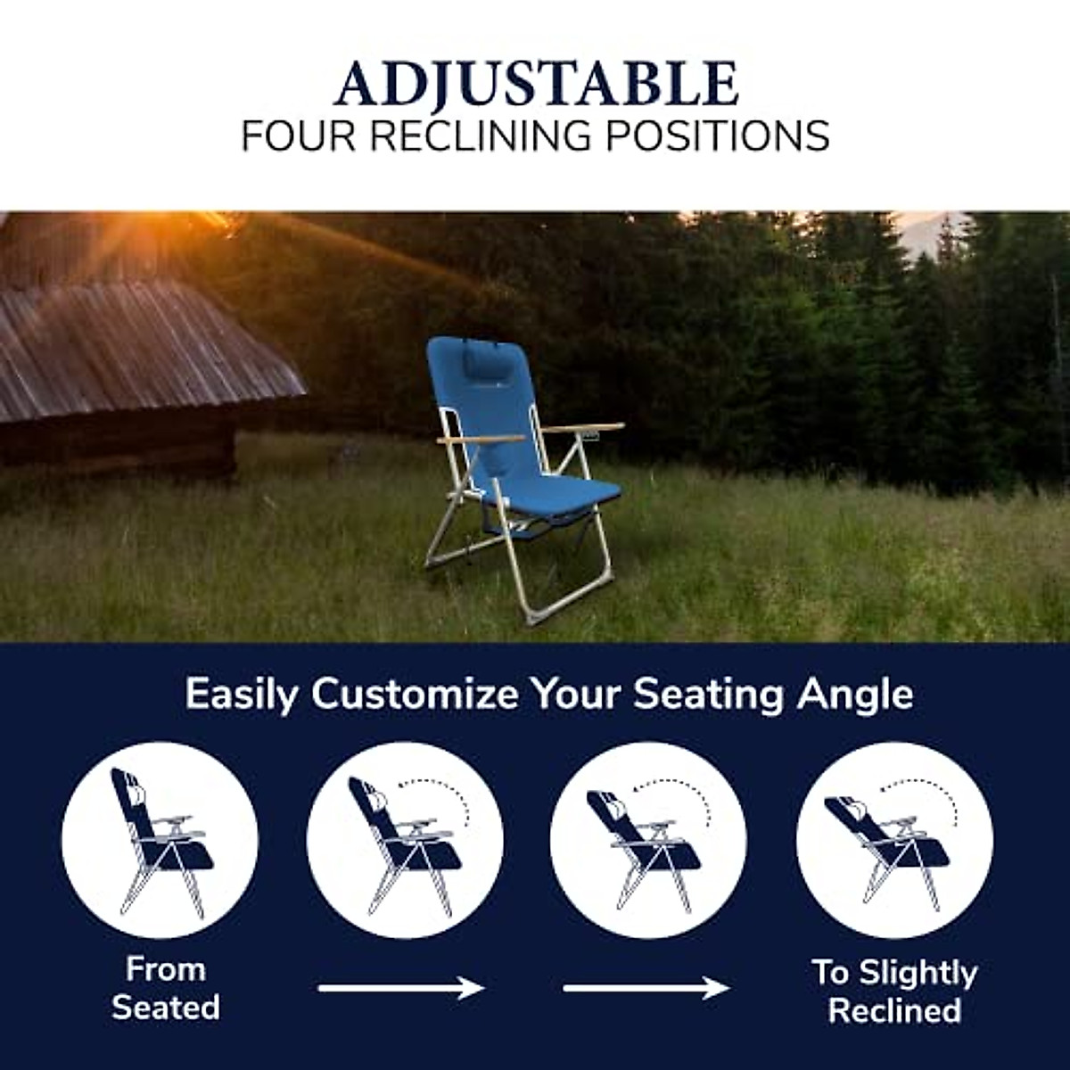 Caribbean Joe Folding Beach Chair, 4 Position Portable Backpack Foldable Camping Chair with Headrest, Cup Holder, and Wooden Armrests, Blue