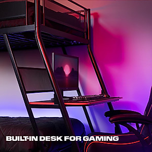 X Rocker Armada Gaming Bunk Bed, Durable Metal Frame, Built-in Gaming Desk, Safe Ladder, Grid Mesh Sides, 7000301, 95.6" x 41.5" x 64.2", Twin Over Twin, Black