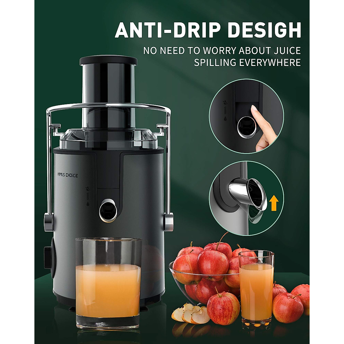MAMA'S CHOICE Juicer Machine, 800W Juice Extractor with 3'' Big Mouth, 3 Speed Centrifugal Juicer for Whole Fruit Vegetable, Easy to Clean, Non-Slip Feet, BPA-Free