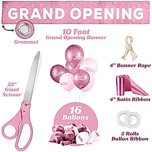 Deluxe Grand Opening Ribbon Cutting Ceremony Kit - 25" Giant Scissors with Pink Satin Ribbon, Banner, Bows, Balloons & More
