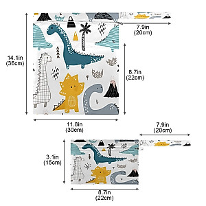 KEEPREAL 2Pcs Travel Wet and Dry Bag, Reusable Wet Bags Organizer with Two Zippered Pocket for Cloth Diaper, Swimsuit, Gym Clothes，Dino Scandinavian Style