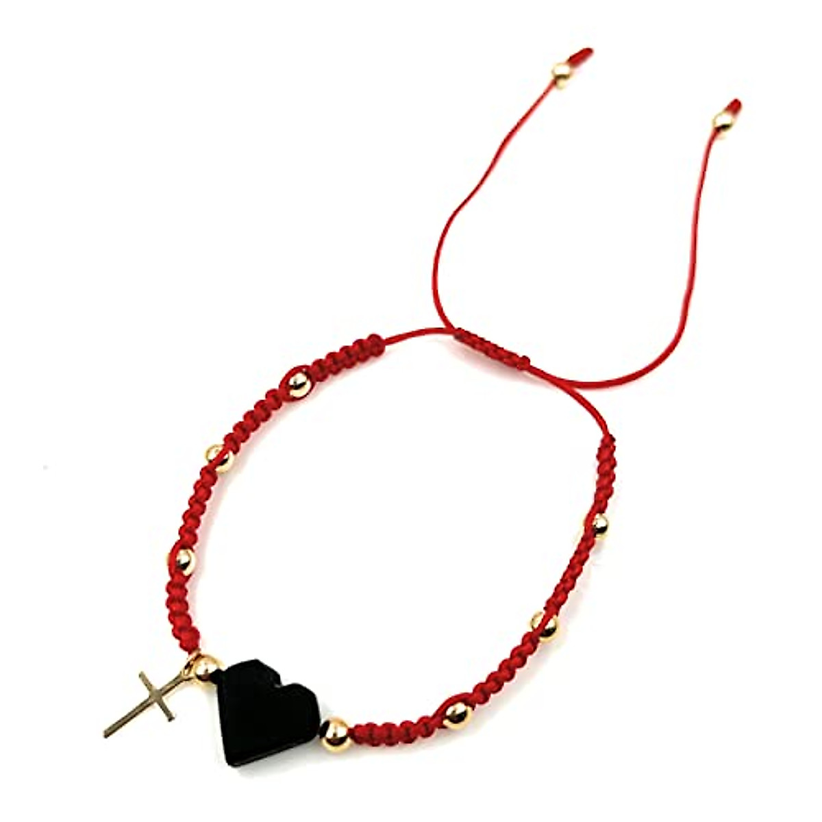 LESLIE BOULES Red Thread Genuine Heart Azabache Bracelet with Tiny Gold Plated Catholic Cross Handmade Jewelry
