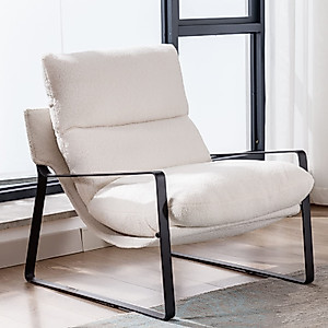 Ya-Home Mid-Century Accent Chair, Comfy Sherpa Fabric Side Chair with Armrest, Upholstered Leisure Chair with Black Metal Frame for Living Room Bedroom Reception Room, White