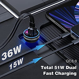 PSXROUKI Car Charger Adapter,5A/51W Dual USB Car Charger Fast Charging QC3.0 Metal Cigarette Lighter USB Charger Voltage Display Compatible with iPhone 11 Pro/8/7/6,iPad Pro, Galaxy Note 8/S8/S7/S6