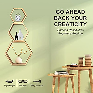 Hexagon Floating Shelves,Wall Mounted Wood Farmhouse Storage Honeycomb Wall Shelf Set of 5,for Bathroom, Kitchen, Bedroom, Living Room,Office,Home Room Wall Decor Driftwood Finish (Carbonized Black)