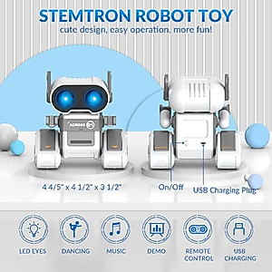 STEMTRON RC Robot Toys for Kids, Rechargeable Remote Control Robot Toy for Boys & Girls, with Auto Demo, Dance Moves, Music, Shining 7 Colors LED Eyes & Flexible Head, Ears & Arms