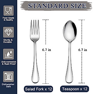 LIANYU 24-Piece Forks and Spoons Silverware Set, 12 Teaspoon and 12 Salad Fork, Stainless Steel Flatware Cutlery Set for Home Kitchen Hotel, Mirror Finished, Dishwasher Safe