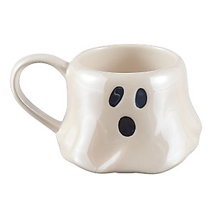 Way To Happiness 13-Ounce Halloween White Ghost Stoneware Stackable Mug Set with Iron Rack, Cute and Spooky Coffee Mugs