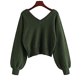 ZAFUL Women's Cropped Sweater V-Neck Long Sleeve Crop Sweater Pullover Jumper Knit Top (1-Green, XL)