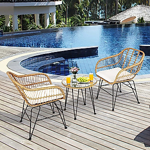 topment Bistro Table and Chairs Set of 2, Outdoor Patio Rattan Chair & Tempered Glass Coffee Table Set w/Removable Washable Beige Cushion Cafe Set for Indoor Balcony, Poolside, Garden (Pale Brown)