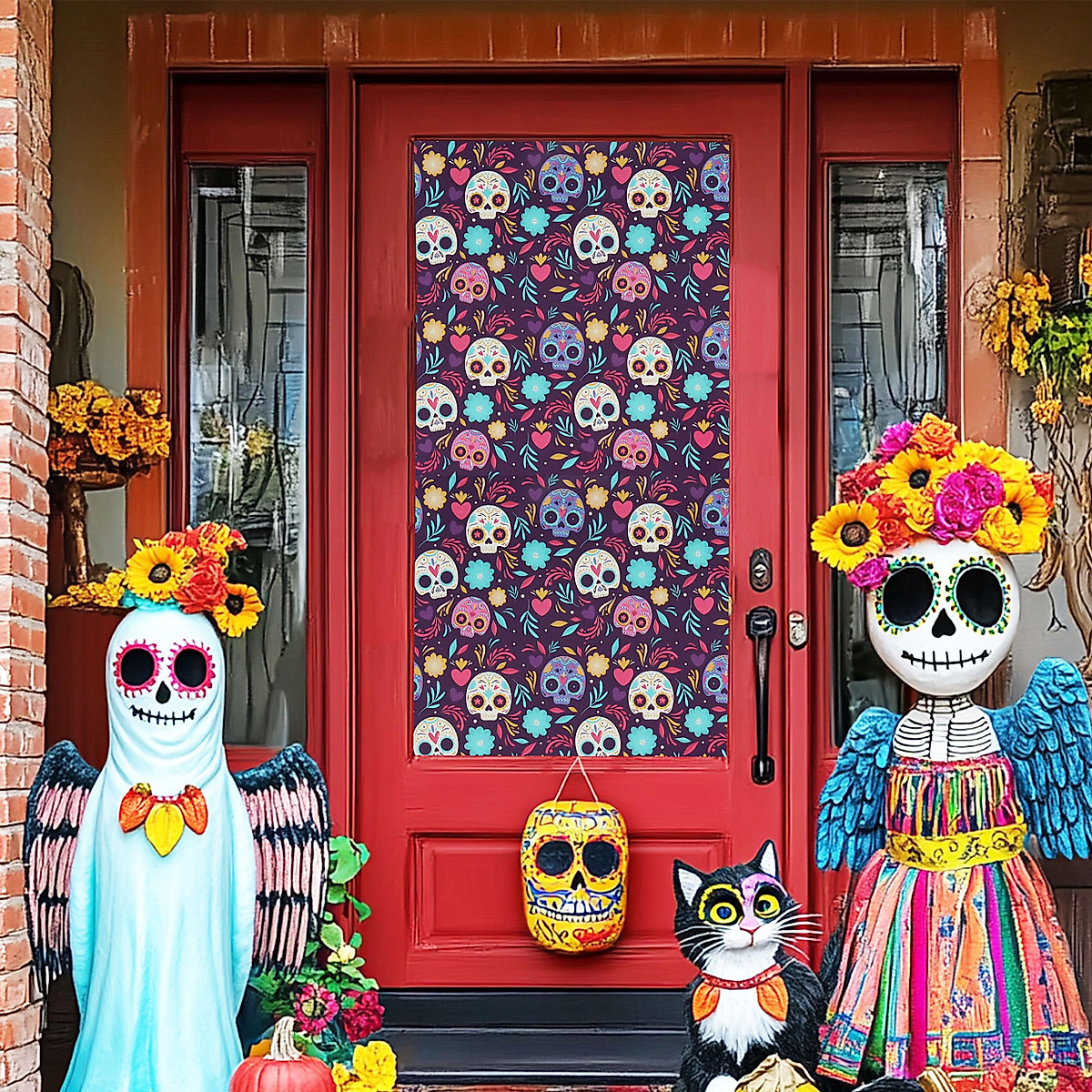 LaRibbons Day of The Dead Reversible Wrapping Paper Roll with Purple Pom Pom, 17 Inch X 33 Feet (47sq.ft.ttl.) Skull Gift Wrap Paper for Dia De Los Muertos, Halloween Decoration, Mexican Fiesta Party