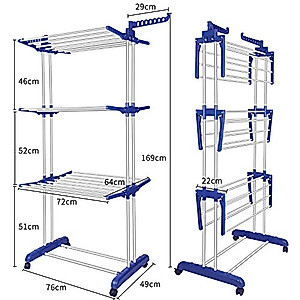 innotic Clothes Drying Rack, Stainless Steel Oversized 4-Tier Collapsible Rolling Drying Rack Clothing Folding Laundry Drying Rack Stand Indoor/Outdoor with Side Wings and Casters Gray Blue