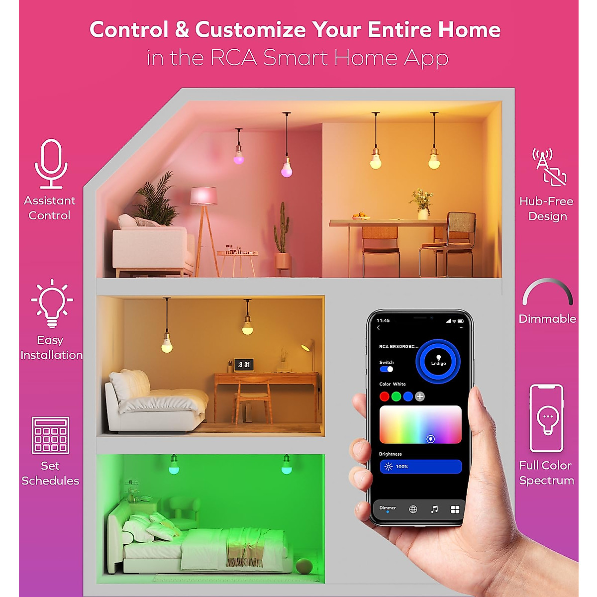 RCA Smart Light Bulbs, Multicolor LED, WiFi, Dimmable Color Changing Light Bulb, 800 Lumens 10W, Alexa & Google Home Compatible, 60W EQ A19 RGB Light, 2.4GHz only, No Hub Req, 2-PK