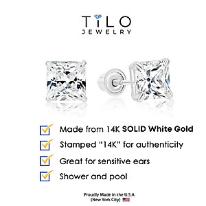 14k White Gold Solitaire Square Princess-cut CZ Stud Earrings with Secure Screw-backs (4mm)…
