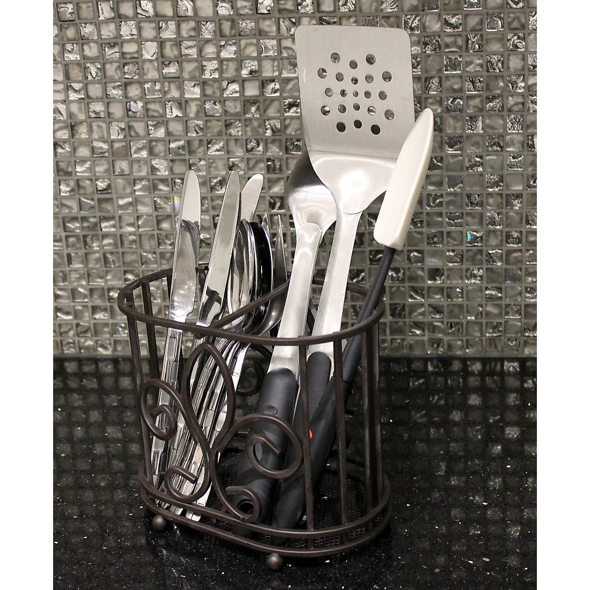 Dependable Metal Wire Cutlery and Utensil Storage Organizer Bin for Kitchen, Pantry, Table and Countertop - Utensil Caddy Holds Forks, Knives, Spoons, Spatulas - 2 Section - Bronze
