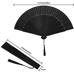 2 Pieces Silk Folding Hand Fan Black Bamboo Handheld Fan Chinese Folded Fan with Tassel for Dance Party Home Decorations (Classic Style)