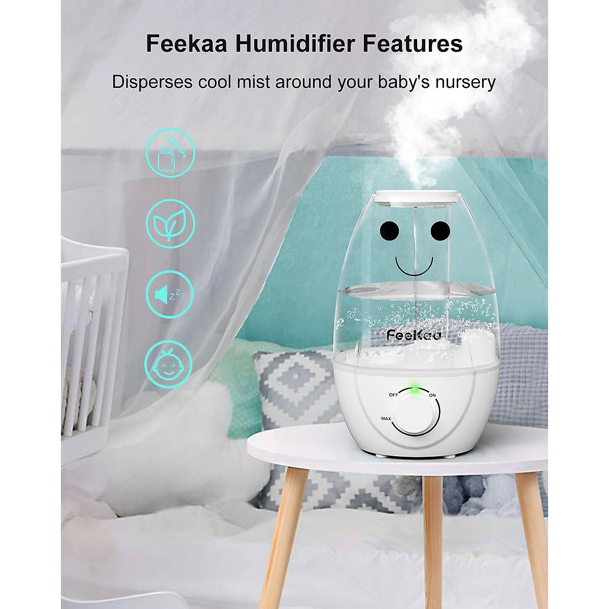 Feekaa Baby Humidifiers for Bedroom Nursery, Cool Mist Air Humidifier with Diffuser, Small Humidifier for Baby Nursery Plants & Home, BPA Free, Quiet, 24H