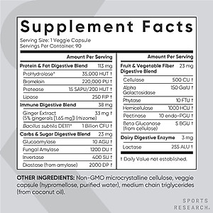 Sports Research Digestive Enzymes with Probiotics & Ginger - Plant Based for Dairy, Protein, Sugar & Carbs - Non-GMO Verified & Vegan Certified (90 Veggie Capsules)