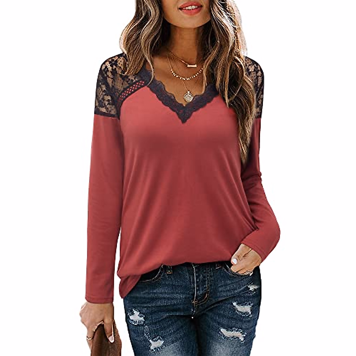 LAISHEN Women's V Neck Crochet Lace Trim Long Sleeve Casual Loose Blouses Tunic Tops(Red,M)