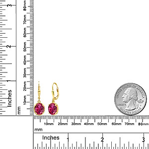 Gem Stone King 18K Yellow Gold Plated Silver Red Created Ruby Leverback Dangle Earrings For Women (4.00 Cttw, Gemstone July Birthstone, Oval 9X7MM)