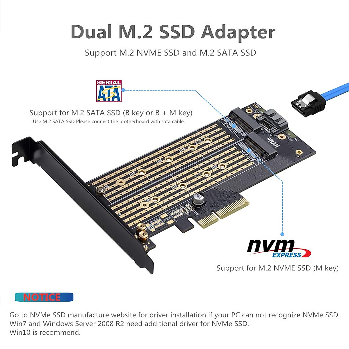 Dual M.2 PCIE Adapter for SATA or PCIE NVMe SSD with Advanced Heat Sink Solution,M.2 SSD NVME (m Key) and SATA (b Key) 22110 2280 2260 2242 2230 to PCI-e x 4 Host Controller Expansion Card
