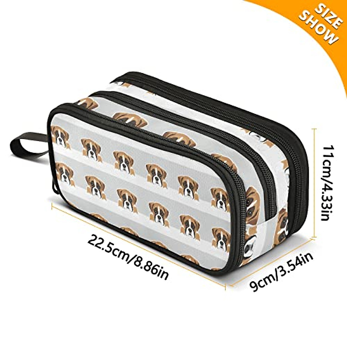 Boxer Dog Face Heads Seamless on White Grey Pencil Case, Pen Marker Stationery Bag Holder Pencil Bag Storage Pouch for School College Zipper Pouch Case Office Portable