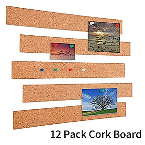 Cooraby 12 Pack Cork Strips 15 x 2 Inch Frameless Self-Adhesive Cork Board with 40 Pieces Cork Board Pins for Classroom Office