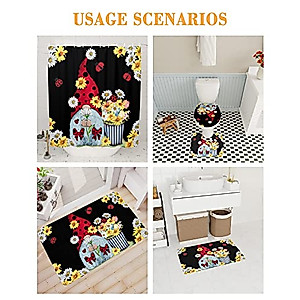 Ladybug Gnome 4 Piece Shower Curtain Sets with Non-Slip Rugs, Toilet Lid Cover and Bath Mat, Spring Summer Daisy Flower American Country Style Shower Curtain with 12 Hooks, Durable and Waterproof