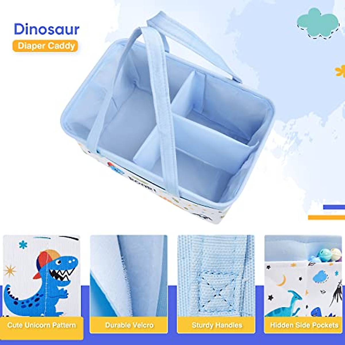 WERNNSAI Dinosaur Diaper Caddy - Collapsible Nursery Organizer for Boy Infant Baby Shower Gifts Large Blue Storage Basket for Changing Table Car Travel Living Room Newborn Essentials Must Have Dots