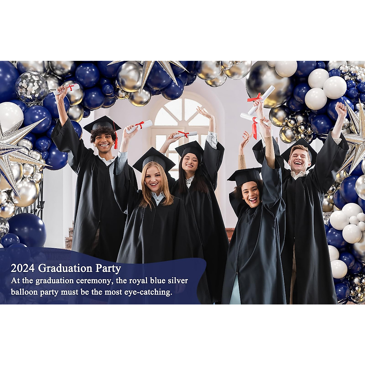 130pcs Navy Blue and Silver Balloon Garland Arch Kit with 3pcs Silver Star Balloons, Royal Blue Metallic Silver White Balloons for Birthday Baby Shower Wedding Graduation Party Decorations
