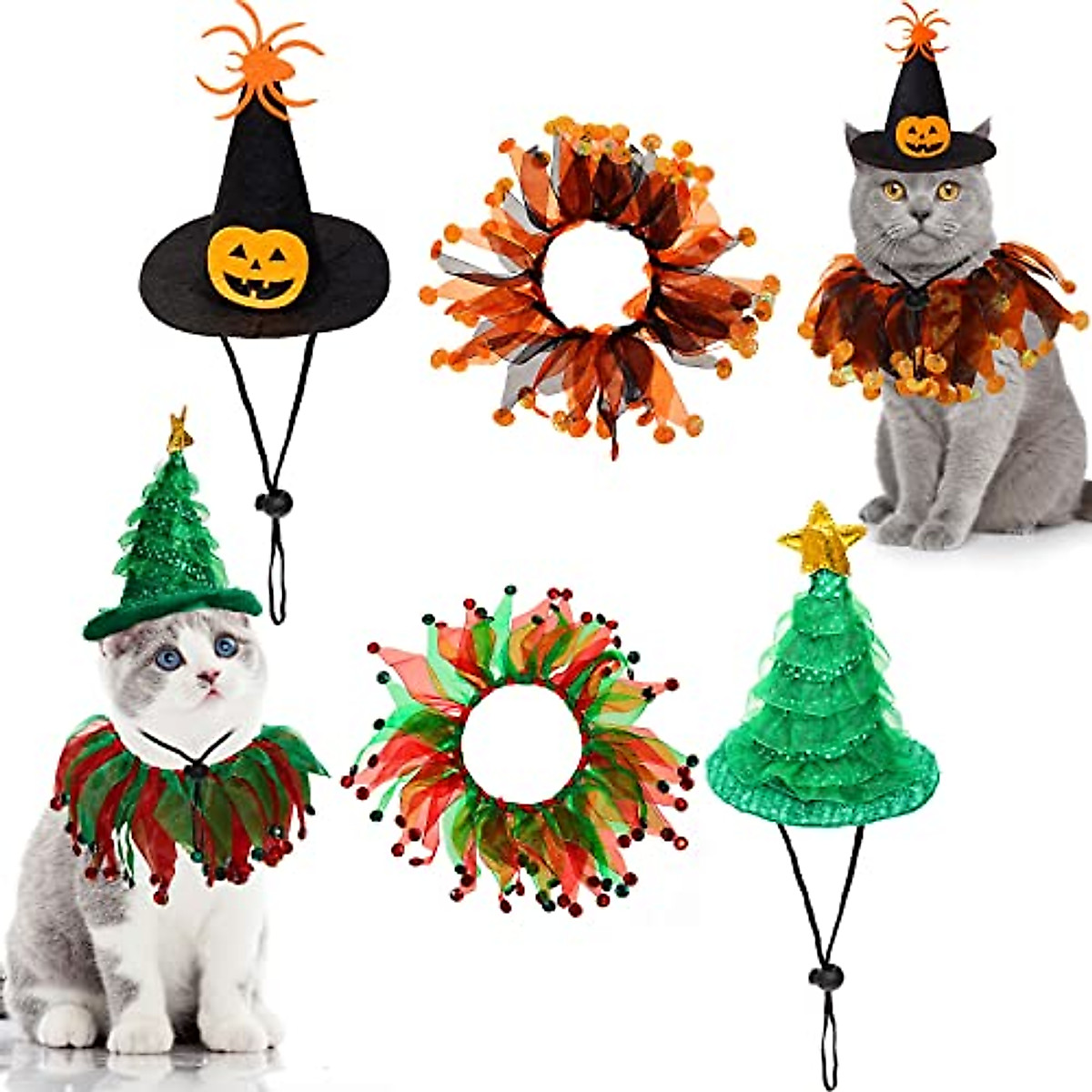 Amylove 4 Pcs Cat Halloween Christmas Costume Suit Tutu Collar Pumpkin Witch Christmas Green Shiny Tree Hat Cat Apparel Pet Wizard Clothes Witch Cosplay Cloak Small Dogs Cats