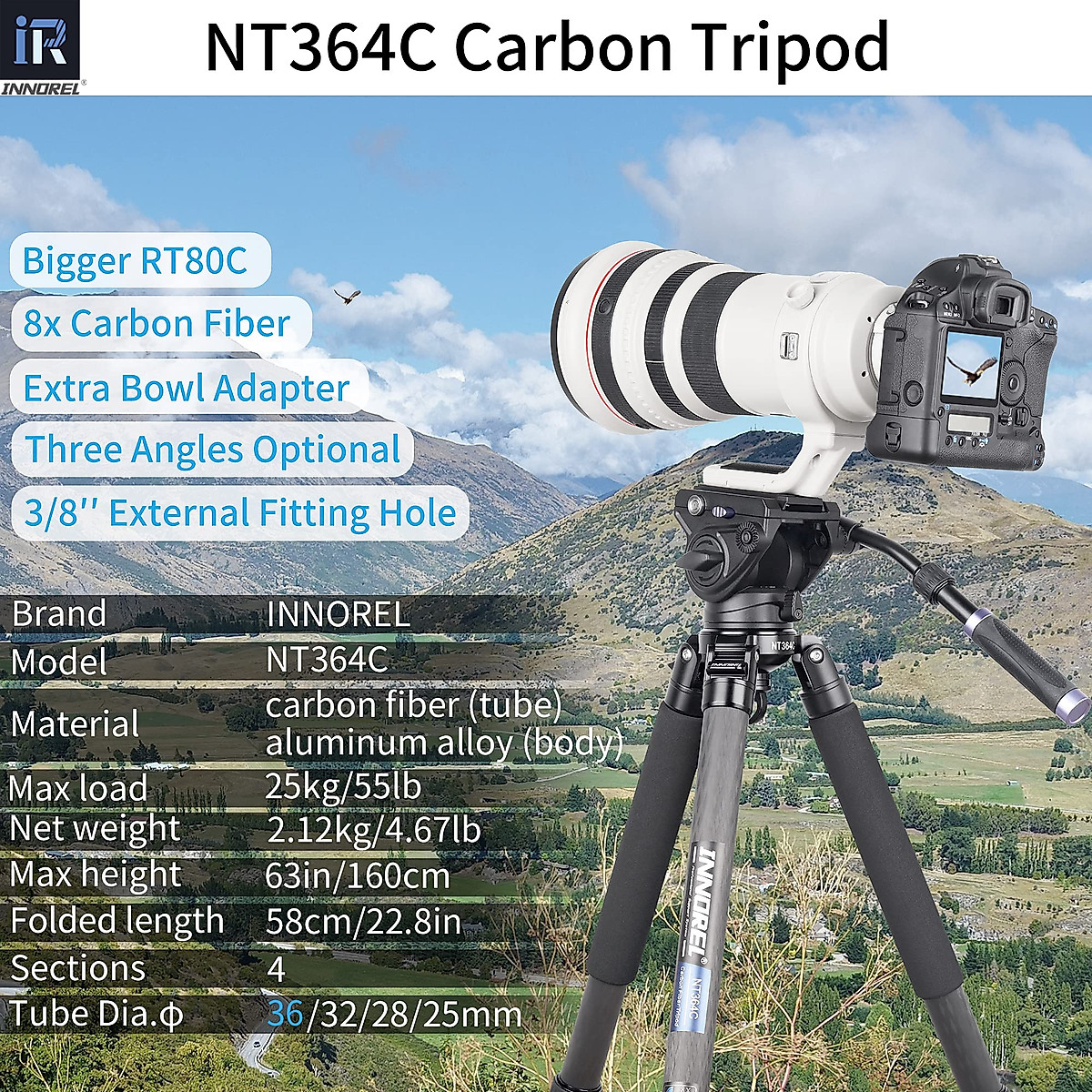 Carbon Fiber Tripod INNOREL NT364C Professional Birdwatching Heavy Duty Camera 55lb/25kg Max Load Bowl Tripod Birdwatching Camera Stand with 75mm Bowl Adapter (Max Tube 36mm, Tripod + Bowl Adapter)