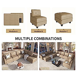 LLappuil Oversized Modular Sectional Sofa with Storage, Faux Leather Fabric U Shaped Sectional with Chaise, 12 Seater Modular Sleeper Couch for Living Room, Cognac