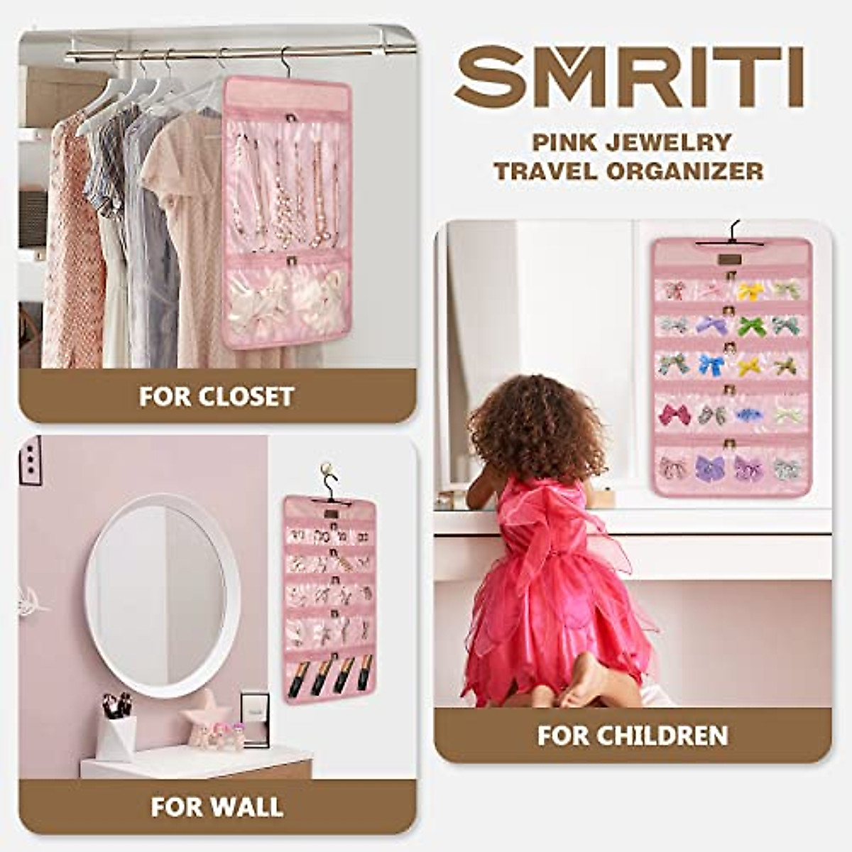 SMRITI Jewelry Travel Organizer, Foldable Hanging Jewelry Organizer with 360 Degree Rotating Hanger and 23 Clear Dust Proof Dual Zippered Pockets for Traveling, Closet, Suitcase (Pink)
