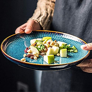 Kitchen DinnerwareFine Dinnerware Set,Porcelain Dinnerware Set, Ceramic Plates and Bowls Sets, Modern Creativity Vintage Lounge Round Reactive Glaze Stoneware Dishes Set for Kitchen/Dining, Blue,Serv