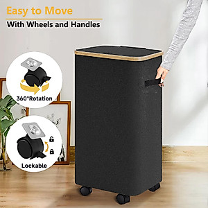 Black Laundry Hamper with Lid and Wheels,Rolling Laundry Basket with Handles Foldable Dirty Clothes Hamper Wheeled Laundry Hamper for Bedroom Dorm Laundry Room-75L