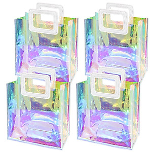 Saintrygo 4 Pcs Valentine's Day Small Gift Bags Holographic Iridescent Bags Clear Reusable Gift Tote Bags PVC Wrap Bag for Valentine's Day Bridal Baby Shower Birthday Wedding Party(8.3 x 8 x 4 Inch)